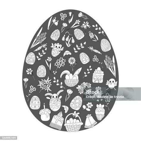 부활절 달걀 모양의 요소의 컬렉션 흰색 배경에 고립 된 케이크 패턴 토끼와 닭의 세트 어린이와 성인을위한 안티 스트레스 색칠 페이지 0명에 대한 스톡 벡터 아트 및 기타