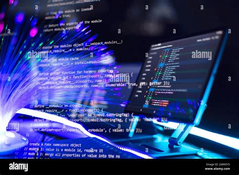 program code on a computer monitor with fiber optic background