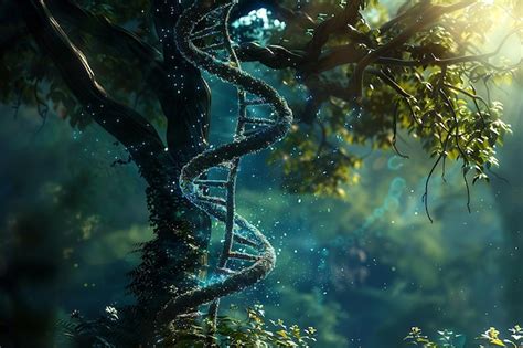 DNA Structure As A Tree Trunk In A Magical Forest Premium AI Generated Image