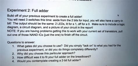 Experiment Full Adder Build Off Of Your Previous Experiment To Create A Full Adder You Will