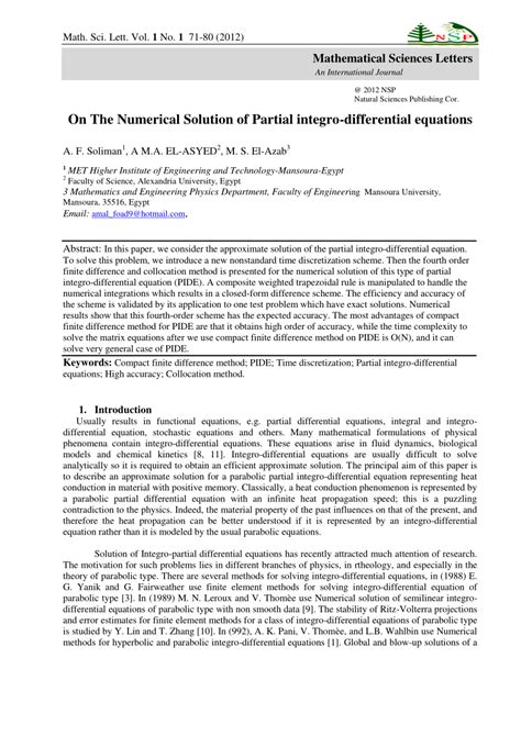 PDF On The Numerical Solution Of Partial Integro Differential Equations