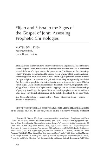 Pdf Elijah And Elisha In The Signs Of The Gospel Of John Assessing
