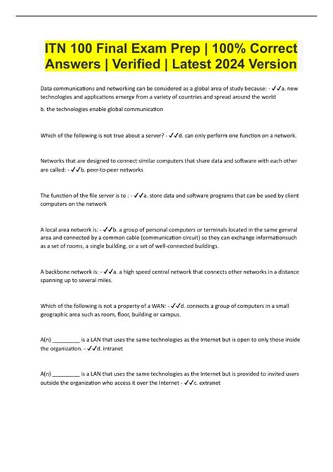 ITN Final Exam Prep Correct Answers Verified Latest Version ITN