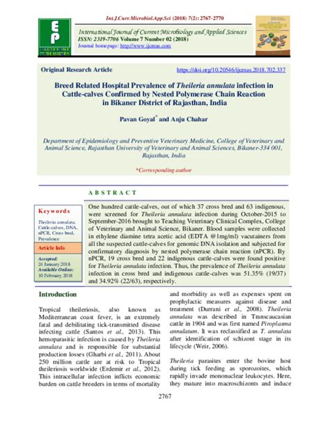 Pdf Breed Related Hospital Prevalence Of Theileria Annulata Infection