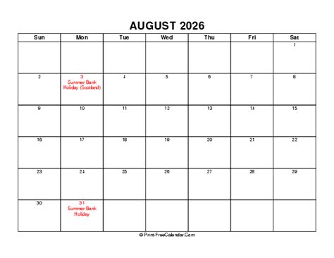 Download Simple August Calendar 2026 With Uk Bank Holidays Sunday Start