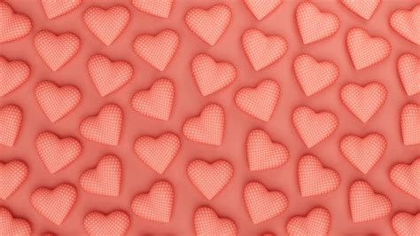산호 분홍색 점선 하트가 산호 배경에 배열되어 있습니다 발렌타인 데이 로맨틱한 배경 3d 렌더링 그림입니다 2월에 대한 스톡