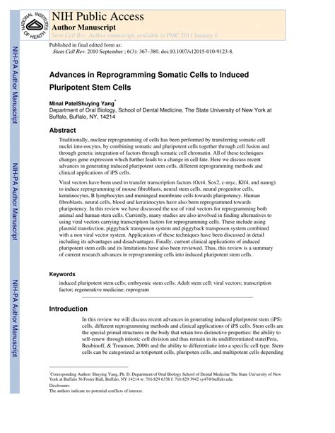 Pdf Advances In Reprogramming Somatic Cells To Induced Pluripotent Stem Cells