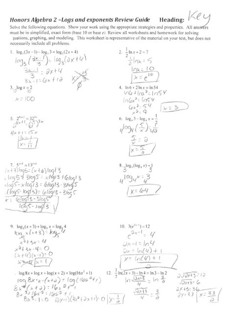 Honors Algebra 2 Logs And Exponents Review Guide Key Exponentiation