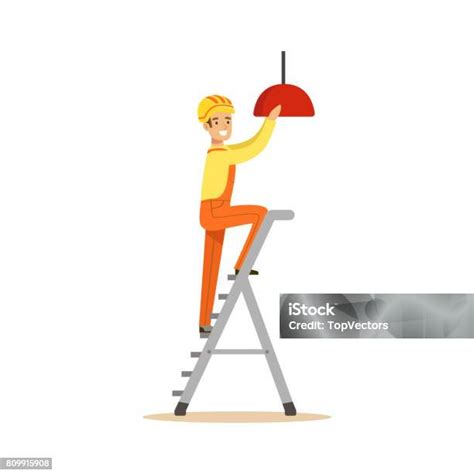 벡터 일러스트 레이 션을 작동 하는 전기 전기 전기 남자 수행 천장에 조명 설치 Stepladder에 서 서 남자에 대한 스톡