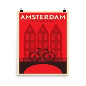 Amsterdam Travel Poster With Bicycle Retro Holland Wall Art Etsy
