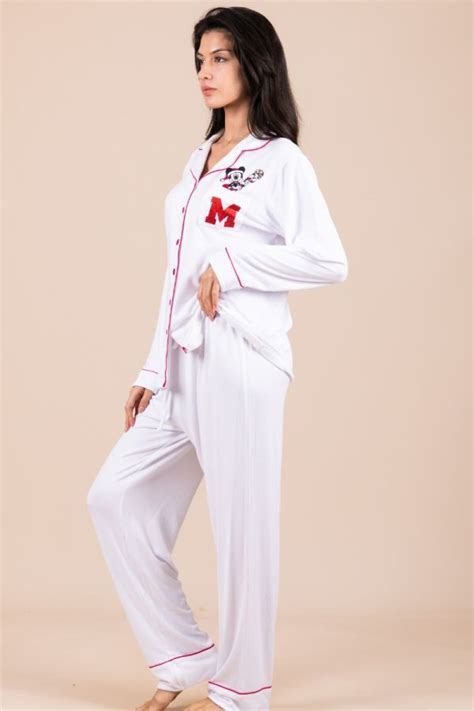 Ladies White Mickey Button Through Pj