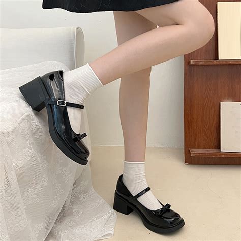 Japanese College Girls Jk Uniform Shoes Mid Heels Mary Janes Patent