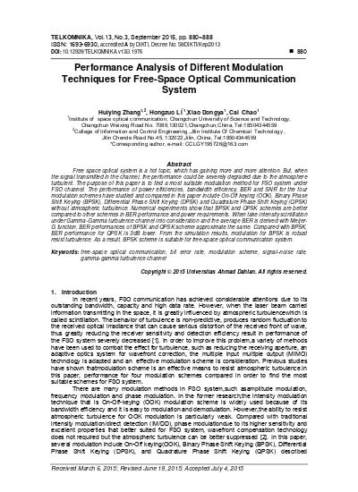 Performance Analysis Of Different Modulation Techniques For Free Space Optical Communication System