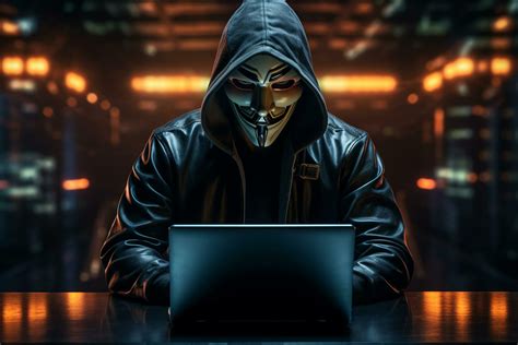 hooded hacker stealing information from a laptop dark background ai