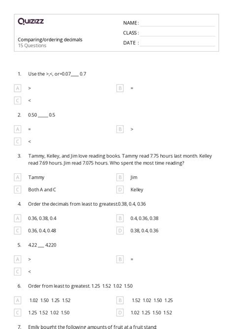 50 Ordering Decimals Worksheets For 5th Grade On Quizizz Free And Printable