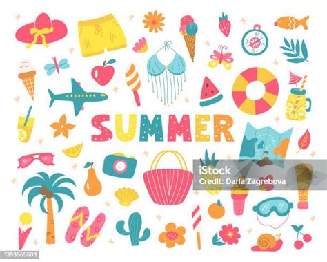 밝은 여름 요소 세트 해변에서의 휴가 주말 바다 여행 음료 파인애플 꽃 레모네이드 옷 포스터 디자인 엽서 스크랩북을 위한 벡터 일러스트 레이 션 여름에 대한 스톡 벡터 아트