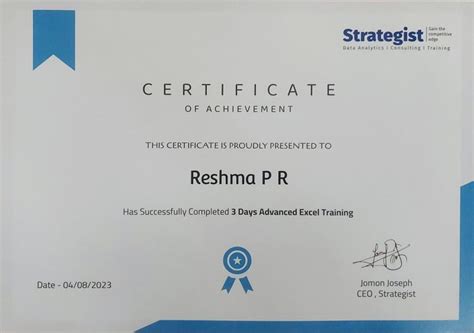 Reshma P R On Linkedin Successfully Completed Advanced Excel Training Course