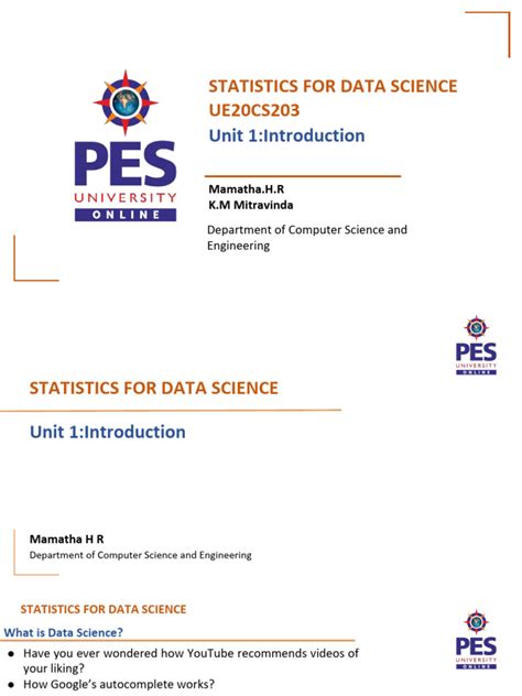 Ue20cs203 Unit1 Class1 Introduction Pdf Data Science Statistics