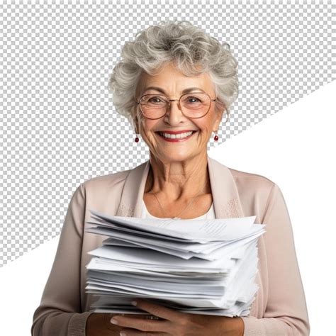 Premium Psd A Woman Holding A Stack Of Papers With A Smile On Her Face