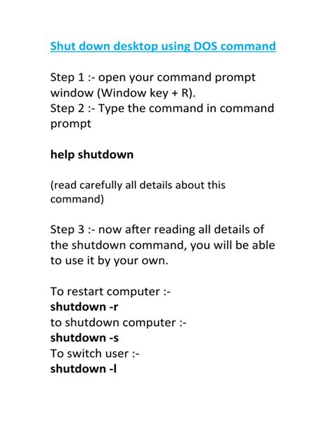 Shutdown Your Desktop Using Dos Command Pdf