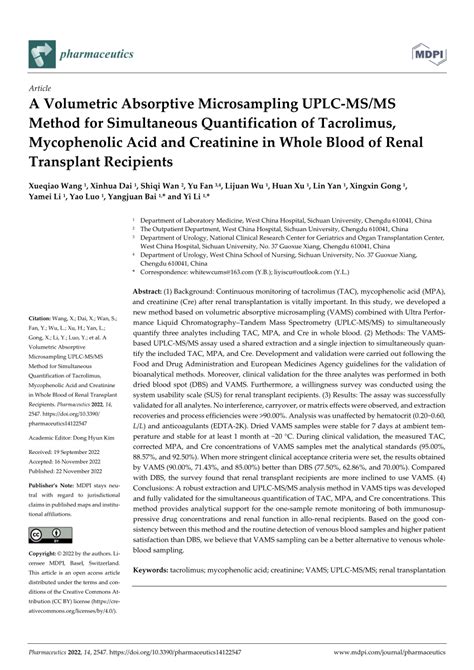 Pdf A Volumetric Absorptive Microsampling Uplc Msms Method For