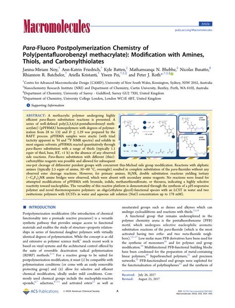 Pdf Para Fluoro Postpolymerization Chemistry Of Polypentafluorobenzyl Methacrylate