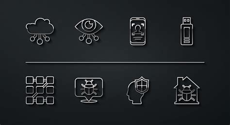 세트 라인 사물 인터넷 그래픽 암호 보호 Usb 플래시 드라이브 방패가 있는 헤드 시스템 버그 눈 스캔 하우스 시스템 및 모바일 및 얼굴 인식 아이콘 벡터 Usb 케이블에