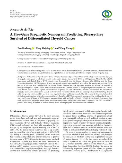 Pdf A Five Gene Prognostic Nomogram Predicting Disease Free Survival Of Differentiated Thyroid