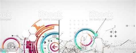 기술 및 과학 주제에 대한 추상적 인 배경 텍스트 아래에 있는 장소가 있는 다양한 테크노 디테일이 있는 플렉서스 효과 벡터 형식입니다 가상현실에 대한 스톡 벡터 아트 및