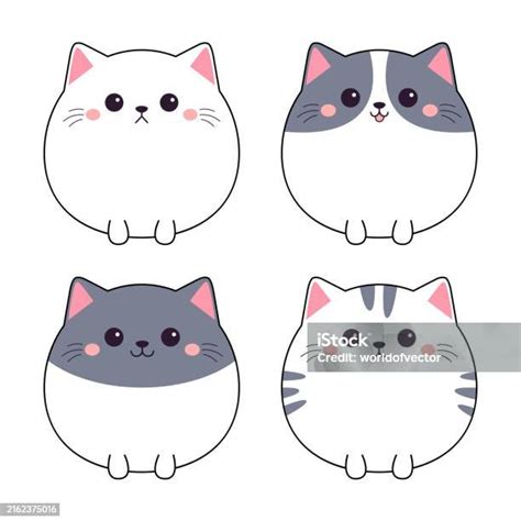 둥근 고양이 새끼 고양이 발을 가진 고양이 아이콘 집합 다양한 감정 색상 귀여운 얼굴 만화 Kawaii 재미있는 캐릭터 윤곽선 낙서 종이 스티커 인쇄 플랫한 디자인 흰색