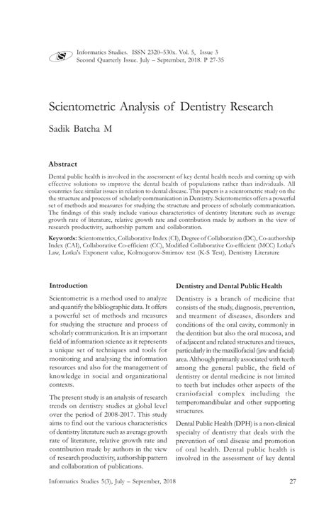 Pdf Scientometric Analysis Of Dentistry Research