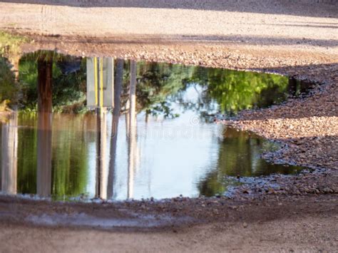 A Reflection In An Alleyway Mud Puddle On A Sunny Summer Day Stock