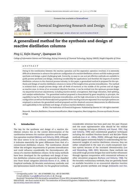 A Generalized Method For The Synthesis And Design Of Reactive Distillation Columns Contents