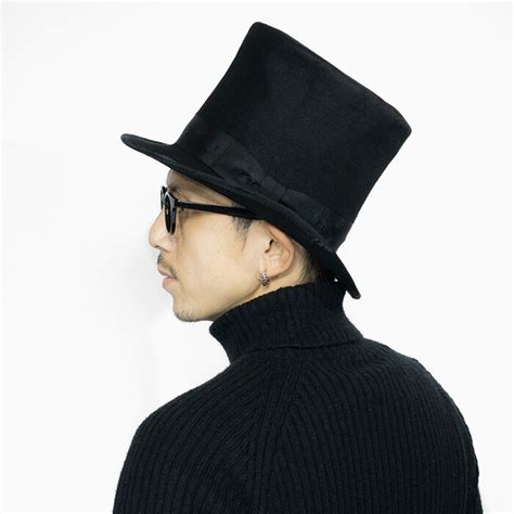帽子通販【edhat エドハット】 ウール フェルト ダメージ加工 ハイクラウン シルクハット トップハット ブラック 黒 送料無料