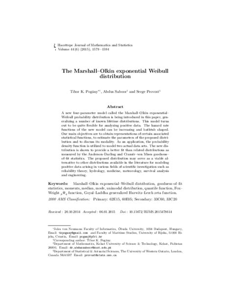 Pdf The Marshall Olkin Exponential Weibull Distribution