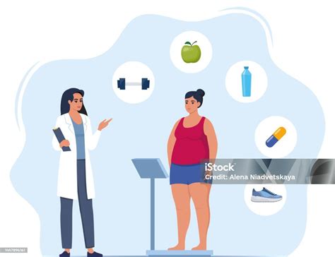 체중계에 서 있는 뚱뚱한 여자 의사는 건강과 체중 감량 방법 비만 환자 지방 조절 지시 당뇨병 환자 칼로리 조절 스포츠에 대해 설명합니다 벡터 그림입니다 영양사에 대한 스톡