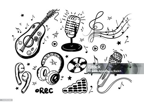 손으로 그린 스케치 스타일의 음악 요소 세트 기타 또는 우쿨렐레 헤드폰 마이크 Cd 오디오 메모 및 녹음 아이콘이있는 바이올린 키 벡터 간단한 격리 된 그림 기타 현악기에