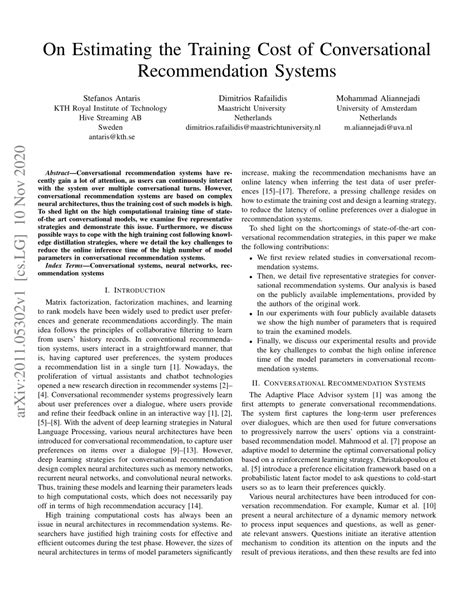 Pdf On Estimating The Training Cost Of Conversational Recommendation Systems