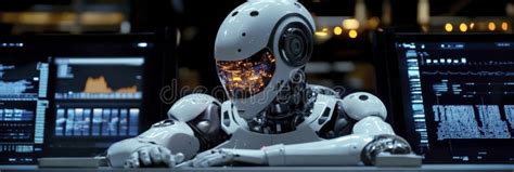 High Tech Humanoid Robot Interfacing With Computer Systems Stock