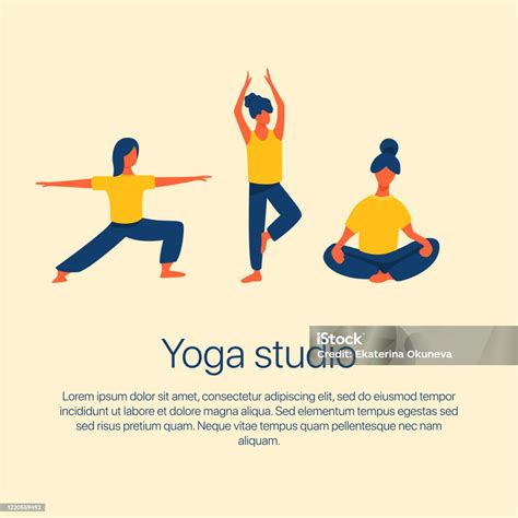 여자 스트레칭 및 텍스트 공간 요가 벡터 평면 그림을하고 요가 스튜디오 활동적인 레크리에이션 건강한 라이프 스타일 필라테스 카드 디자인 균형에 대한 스톡 벡터 아트 및 기타