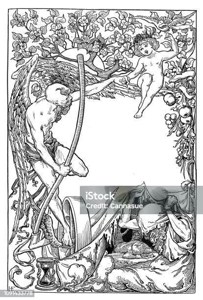 청소년 나이 및 시간의 통과의 빅토리아 흑백 판화 텍스트 공간 중간 영어 그림 1892 시간 할아버지에 대한 스톡 벡터 아트 및 기타 이미지 Istock