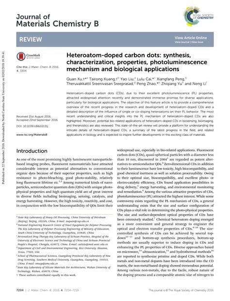 Pdf Heteroatom Doped Carbon Dots Synthesis Characterization Properties Photoluminescence