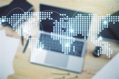 현대 노트북 배경 국제 무역 개념 다중 노출에 대한 연결이 있는 추상적이고 창의적인 세계 지도 프리미엄 사진