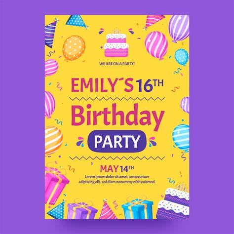 생일 파티 축하 세로 포스터 템플릿 프리미엄 벡터