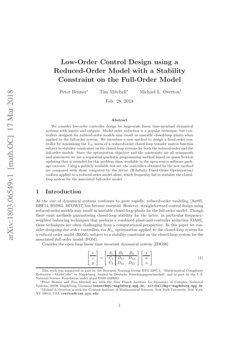 PDF Low Order Control Design Using A Reduced Order Model With A Stability Constraint On The