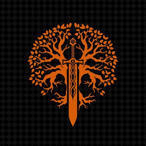 Powerful Oak Tree Logo With Decorative Sword And Shield Desi Creative