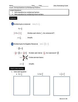 Daily Note Taking Guide Solving Equations By Multiplying Fractions