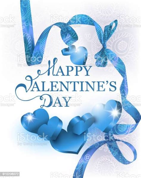 발렌타인의 날 인사말 카드 블루 곱슬 리본 및 마음 벡터 일러스트 레이 션 2월에 대한 스톡 벡터 아트 및 기타 이미지 2월 3차원 형태 공휴일 Istock
