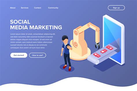 아이소메트릭 소셜 미디어 마케팅 개념입니다 소셜 네트워크 프로 모션 자동화 처럼 의견과 추종자 로봇 생산 라인 웹 배너 인포