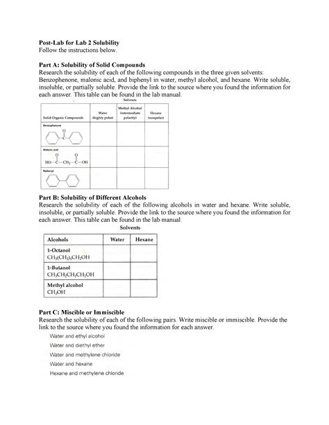 Post Lab Handout For Solubility Post Lab For Lab 2 Solubility Follow The Instructions Below